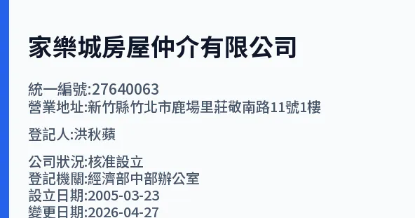 家樂城房屋仲介有限公司的照片-統編 27640063(新竹縣) 公司登記資料與營業項目詳細圖表