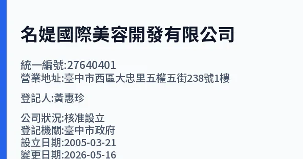名媞國際美容開發有限公司的照片-統編 27640401(臺中市) 公司登記資料與營業項目詳細圖表