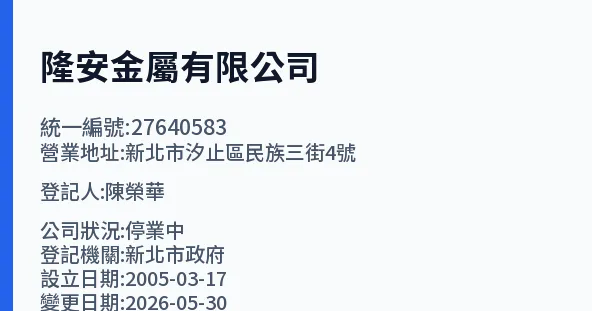 隆安金屬有限公司的照片-統編 27640583(新北市) 公司登記資料與營業項目詳細圖表