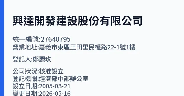 興達開發建設股份有限公司的照片-統編 27640795(嘉義市) 公司登記資料與營業項目詳細圖表