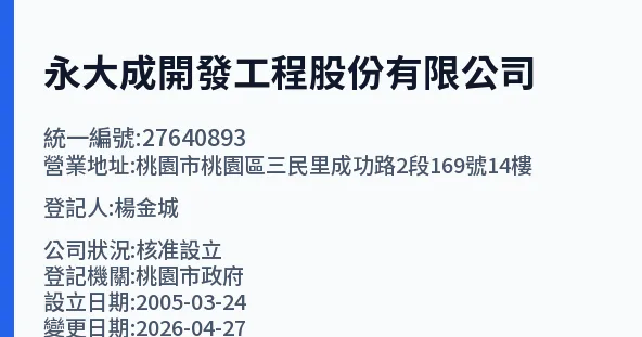 永大成開發工程股份有限公司的照片-統編 27640893(桃園市) 公司登記資料與營業項目詳細圖表