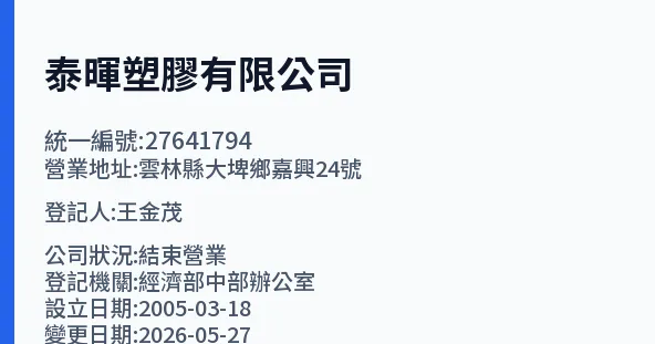 泰暉塑膠有限公司的照片-統編 27641794(雲林縣) 公司登記資料與營業項目詳細圖表