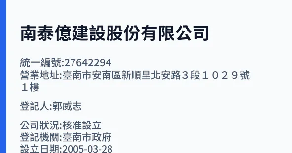 南泰億建設股份有限公司的照片-統編 27642294(臺南市) 公司登記資料與營業項目詳細圖表