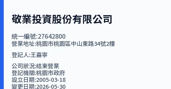 敬業投資股份有限公司的照片-統編 27642800(桃園市) 公司登記資料與營業項目詳細圖表
