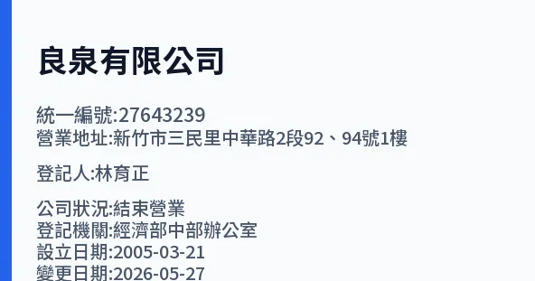 良泉有限公司的照片-統編 27643239(新竹縣) 公司登記資料與營業項目詳細圖表