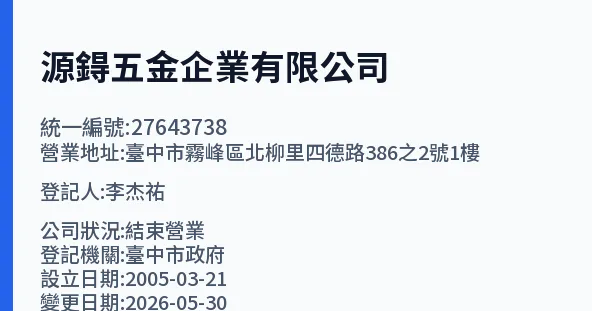 源鍀五金企業有限公司的照片-統編 27643738(臺中市) 公司登記資料與營業項目詳細圖表
