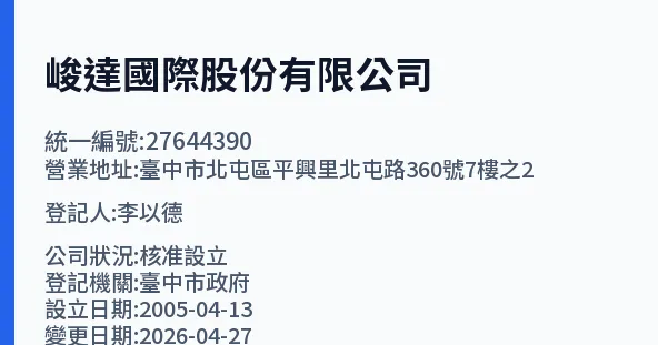 峻達國際股份有限公司的照片-統編 27644390(臺中市) 公司登記資料與營業項目詳細圖表