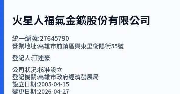 火星人福氣金鑛股份有限公司的照片-統編 27645790(高雄市) 公司登記資料與營業項目詳細圖表