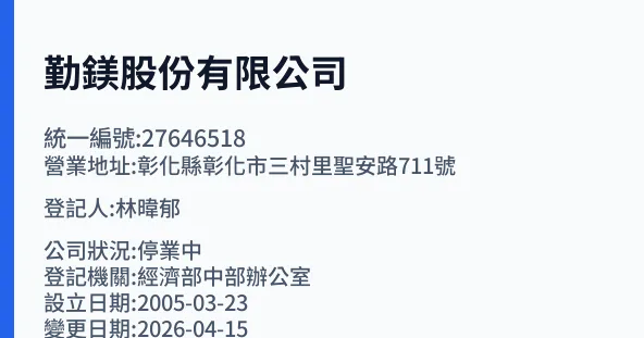 勤鎂股份有限公司的照片-統編 27646518(彰化縣) 公司登記資料與營業項目詳細圖表