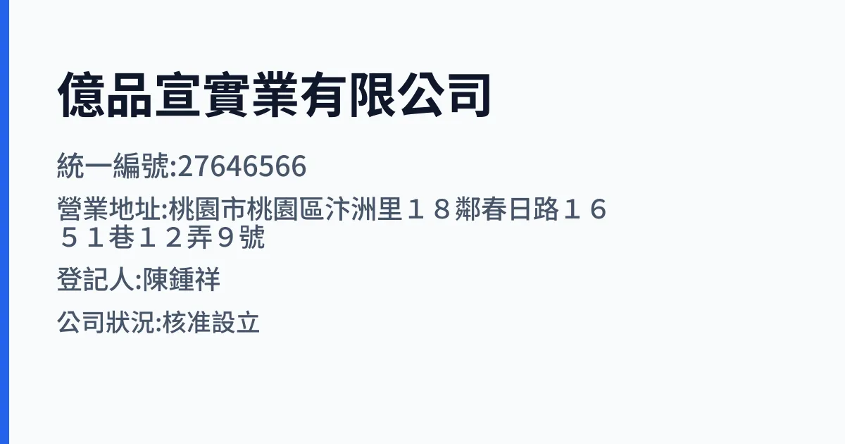 億品宣實業有限公司 - 統編 27646566(桃園市) 公司登記資料與營業項目詳細圖表