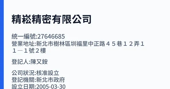 精崧精密有限公司的照片-統編 27646685(新北市) 公司登記資料與營業項目詳細圖表