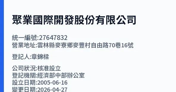 聚業國際開發股份有限公司的照片-統編 27647832(雲林縣) 公司登記資料與營業項目詳細圖表