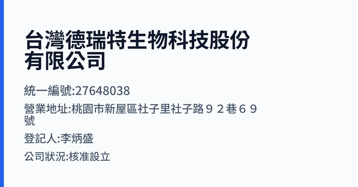 台灣德瑞特生物科技股份有限公司 - 統編 27648038(桃園市) 公司登記資料與營業項目詳細圖表