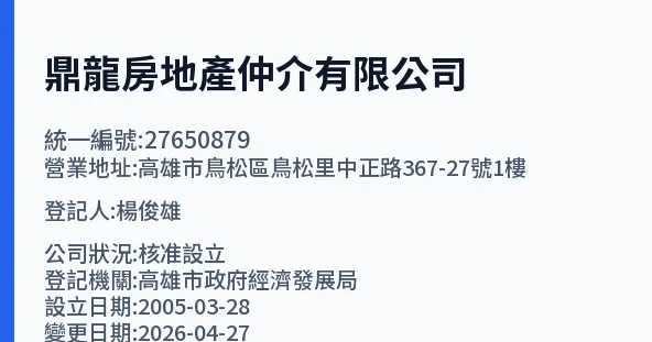 鼎龍房地產仲介有限公司的照片-統編 27650879(高雄市) 公司登記資料與營業項目詳細圖表