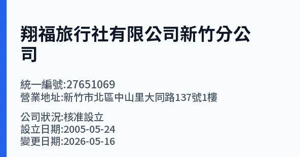 翔福旅行社有限公司新竹分公司的照片-統編 27651069(新竹市) 公司登記資料與營業項目詳細圖表