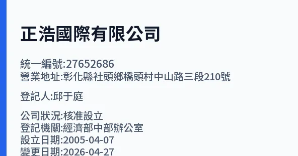 正浩國際有限公司的照片-統編 27652686(彰化縣) 公司登記資料與營業項目詳細圖表