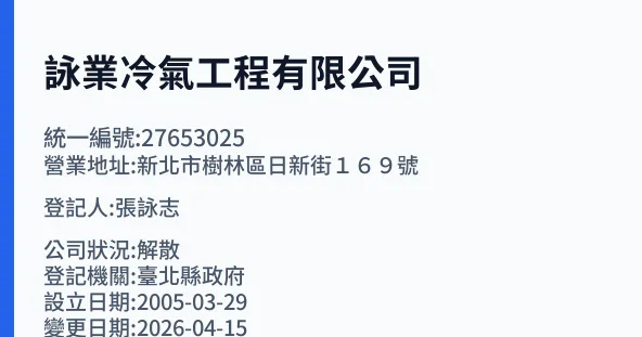 詠業冷氣工程有限公司的照片-統編 27653025(新北市) 公司登記資料與營業項目詳細圖表