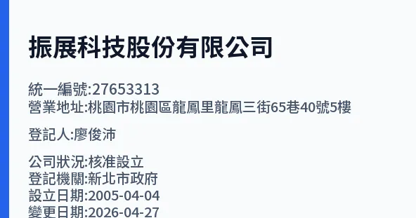 振展科技股份有限公司的照片-統編 27653313(桃園市) 公司登記資料與營業項目詳細圖表