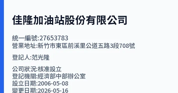 佳隆加油站股份有限公司的照片-統編 27653783(新竹市) 公司登記資料與營業項目詳細圖表