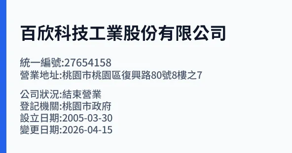 百欣科技工業股份有限公司的照片-統編 27654158(桃園市) 公司登記資料與營業項目詳細圖表