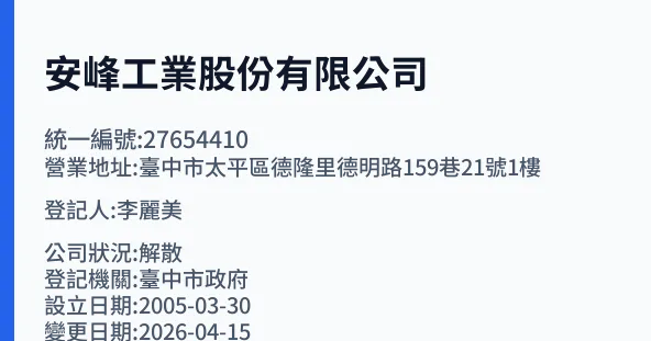 安峰工業股份有限公司的照片-統編 27654410(臺中市) 公司登記資料與營業項目詳細圖表