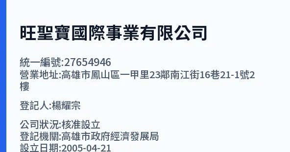 旺聖寶國際事業有限公司的照片-統編 27654946(高雄市) 公司登記資料與營業項目詳細圖表