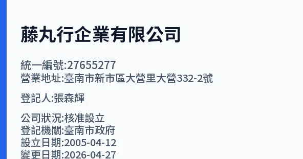 藤丸行企業有限公司的照片-統編 27655277(臺南市) 公司登記資料與營業項目詳細圖表