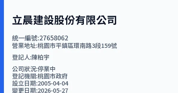 立晨建設股份有限公司的照片-統編 27658062(桃園市) 公司登記資料與營業項目詳細圖表