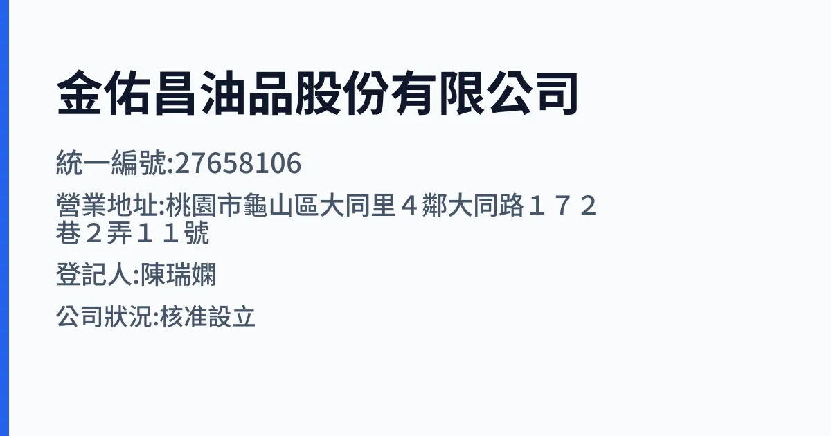 金佑昌油品股份有限公司 - 統編 27658106（桃園市） 公司登記資料與營業項目詳細圖表