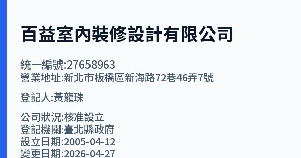 百益室內裝修設計有限公司的照片-統編 27658963(新北市) 公司登記資料與營業項目詳細圖表