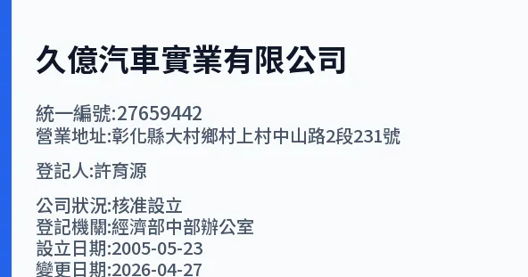 久億汽車實業有限公司的照片-統編 27659442(彰化縣) 公司登記資料與營業項目詳細圖表