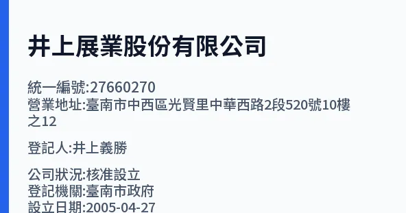井上展業股份有限公司的照片-統編 27660270(臺南市) 公司登記資料與營業項目詳細圖表