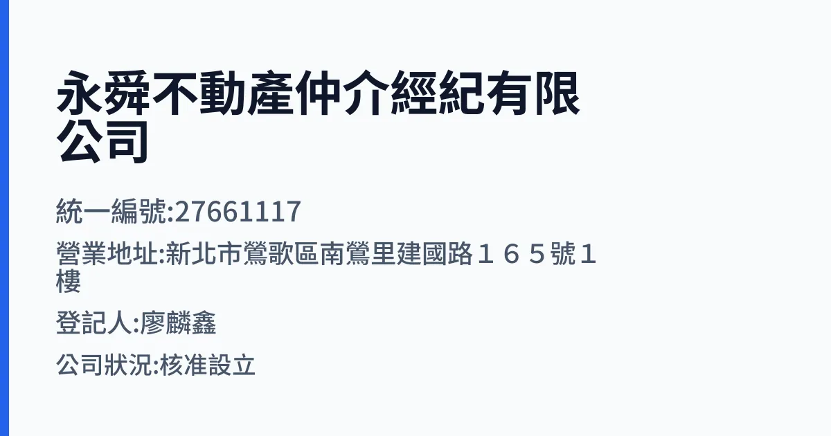 永舜不動產仲介經紀有限公司 - 統編 27661117(新北市) 公司登記資料與營業項目詳細圖表