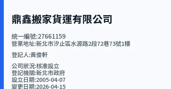 鼎鑫搬家貨運有限公司的照片-統編 27661159(新北市) 公司登記資料與營業項目詳細圖表