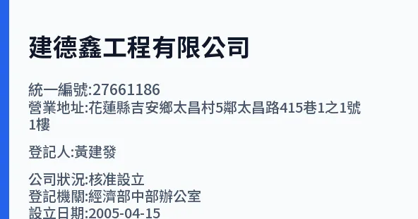 建德鑫工程有限公司的照片-統編 27661186(花蓮縣) 公司登記資料與營業項目詳細圖表