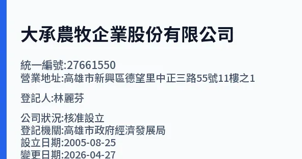 大承農牧企業股份有限公司的照片-統編 27661550(高雄市) 公司登記資料與營業項目詳細圖表