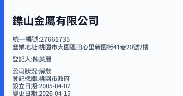 鏶山金屬有限公司的照片-統編 27661735(桃園市) 公司登記資料與營業項目詳細圖表