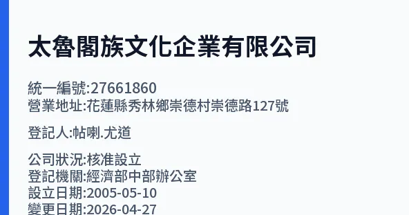 太魯閣族文化企業有限公司的照片-統編 27661860(花蓮縣) 公司登記資料與營業項目詳細圖表