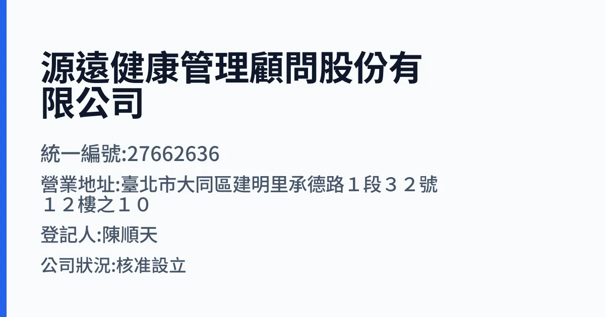 源遠健康管理顧問股份有限公司 - 統編 27662636(臺北市) 公司登記資料與營業項目詳細圖表
