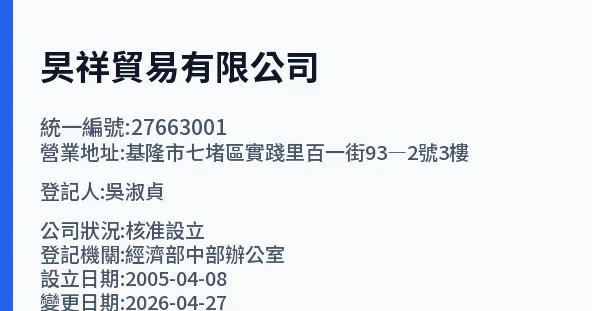 旲祥貿易有限公司的照片-統編 27663001(基隆市) 公司登記資料與營業項目詳細圖表