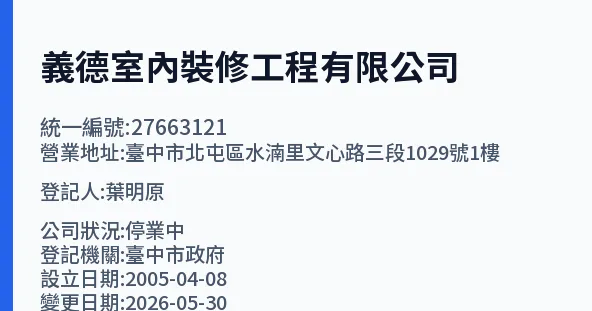 義德室內裝修工程有限公司的照片-統編 27663121(臺中市) 公司登記資料與營業項目詳細圖表