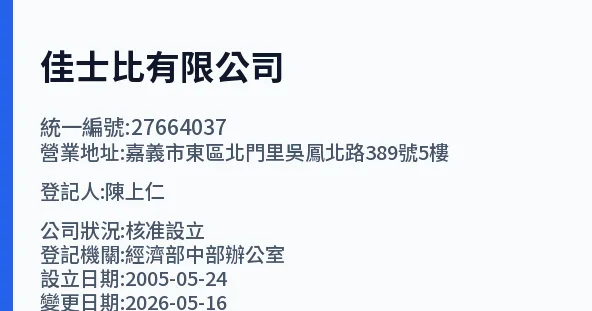 佳士比有限公司的照片-統編 27664037(嘉義市) 公司登記資料與營業項目詳細圖表