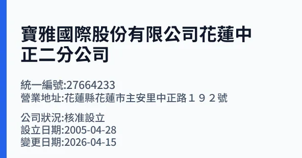 寶雅國際股份有限公司花蓮中正二分公司的照片-統編 27664233(花蓮縣) 公司登記資料與營業項目詳細圖表