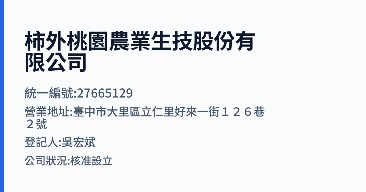 柿外桃園農業生技股份有限公司 - 統編 27665129(臺中市) 公司登記資料與營業項目詳細圖表