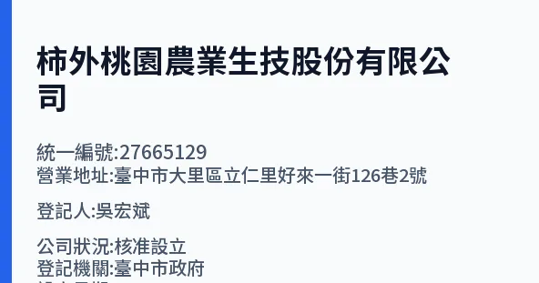 柿外桃園農業生技股份有限公司的照片-統編 27665129(臺中市) 公司登記資料與營業項目詳細圖表