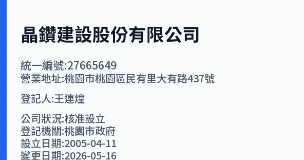 晶鑽建設股份有限公司的照片-統編 27665649(桃園市) 公司登記資料與營業項目詳細圖表