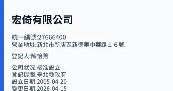 宏倚有限公司的照片-統編 27666400(新北市) 公司登記資料與營業項目詳細圖表