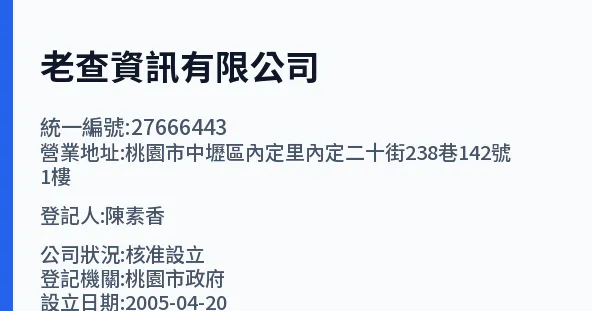 老查資訊有限公司的照片-統編 27666443(桃園市) 公司登記資料與營業項目詳細圖表