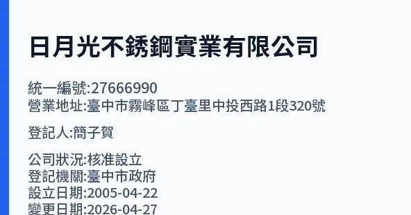 日月光不銹鋼實業有限公司的照片-統編 27666990(臺中市) 公司登記資料與營業項目詳細圖表