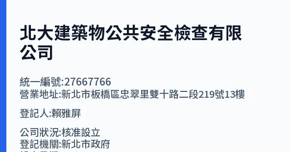 北大建築物公共安全檢查有限公司的照片-統編 27667766(新北市) 公司登記資料與營業項目詳細圖表